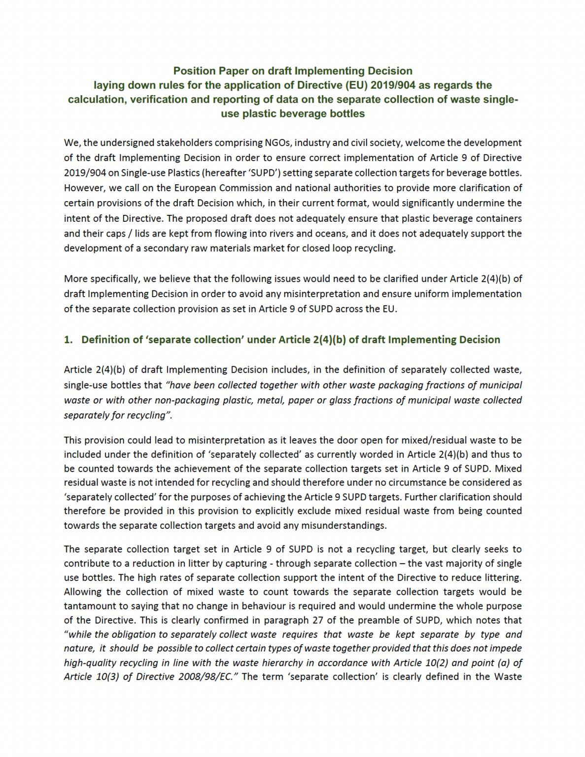 Position Paper on draft Implementing Decision laying down rules for the ...