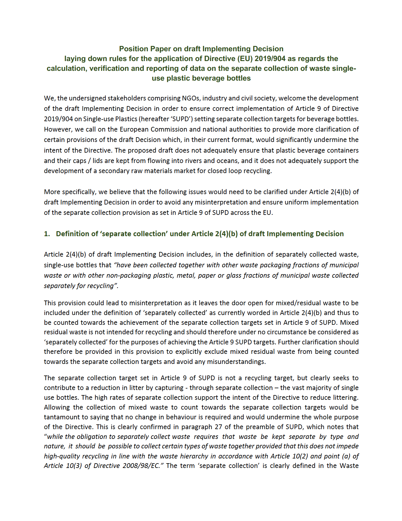 Position Paper on draft Implementing Decision laying down rules for the ...